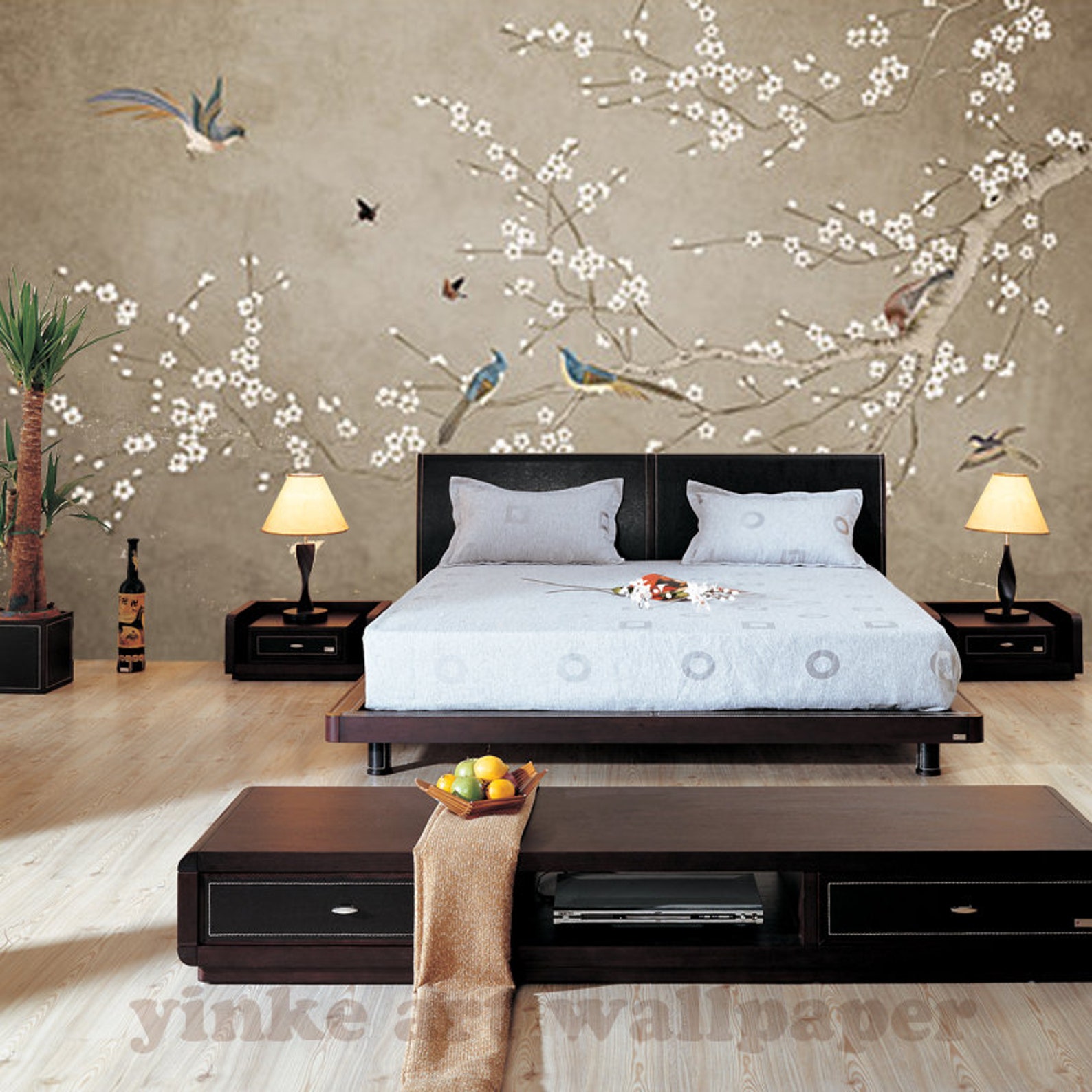 Fine Brushwork Chinoiserie Cherry Tree Wallpaper Wall Mural - Etsy