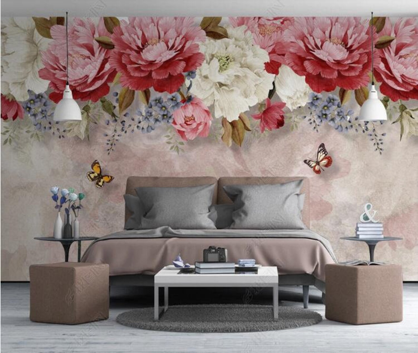 Hängende rot weiße Pfingstrose Blumen Floral Tapete Wand - Etsy.de