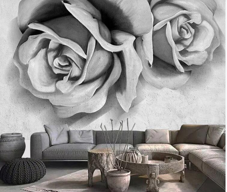 Grey Background Two Big Roses Flowers Floral Wallpaper Wall - Etsy