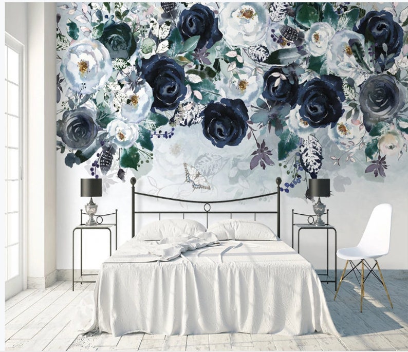 Watercolor Dark Navy Ivory Roses Flowers Floral Wallpaper Wall - Etsy