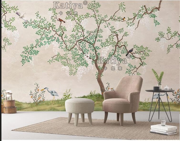 One Large Tree Wallpaper Wall Mural Tree With Birds Mural | Etsy