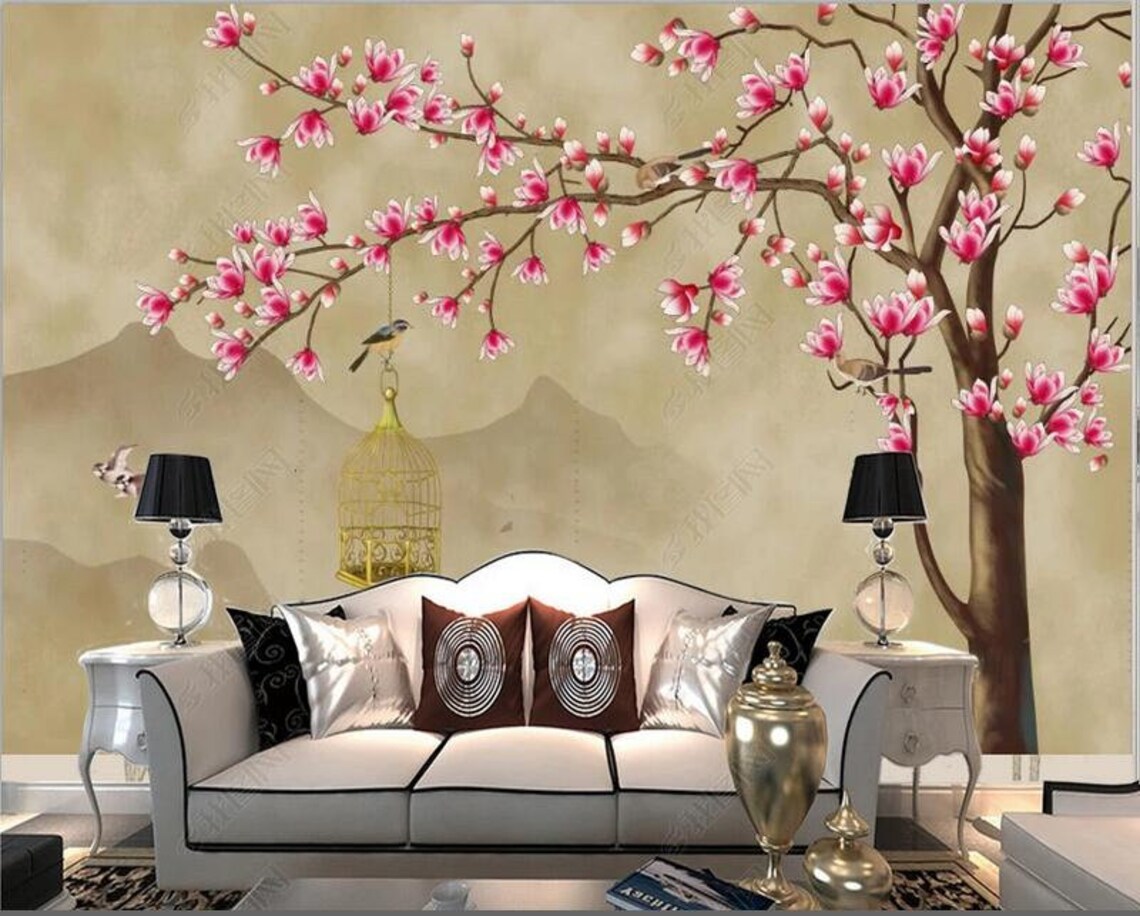 Fine Brushwork One Large Magnolia Flowers Tree Chinoiserie Wallpaper ...