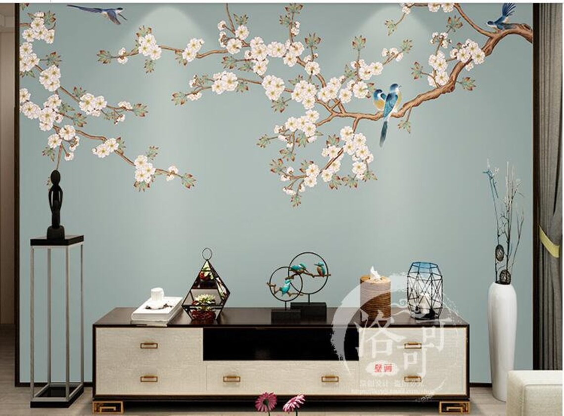 Fine Brushwork Chinoiserie Cherry Tree Wallpaper Wall Mural - Etsy