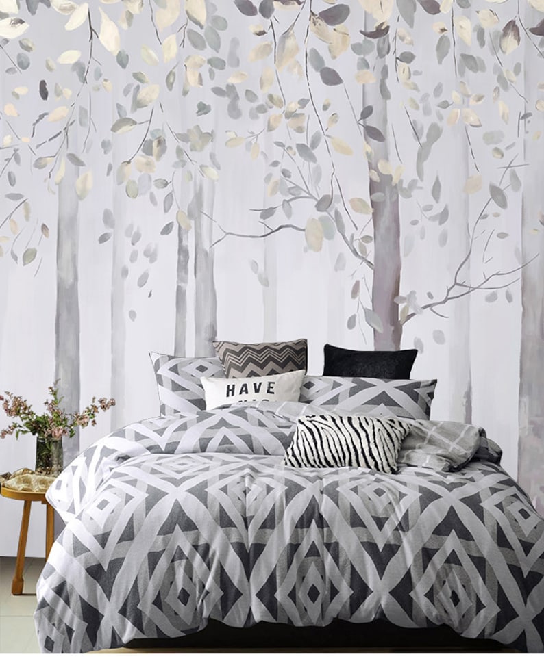 Grey White Color Forests Trees Wallpaper Wall Murals Ink - Etsy