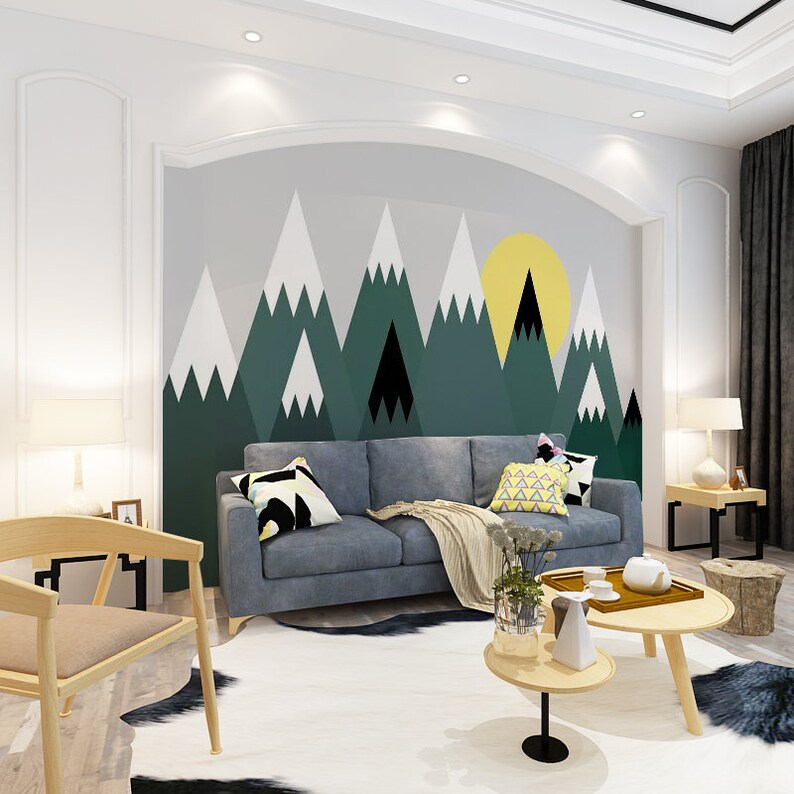 Hand Painted Geometric Mountains Wallpaper Wall Mural Green - Etsy