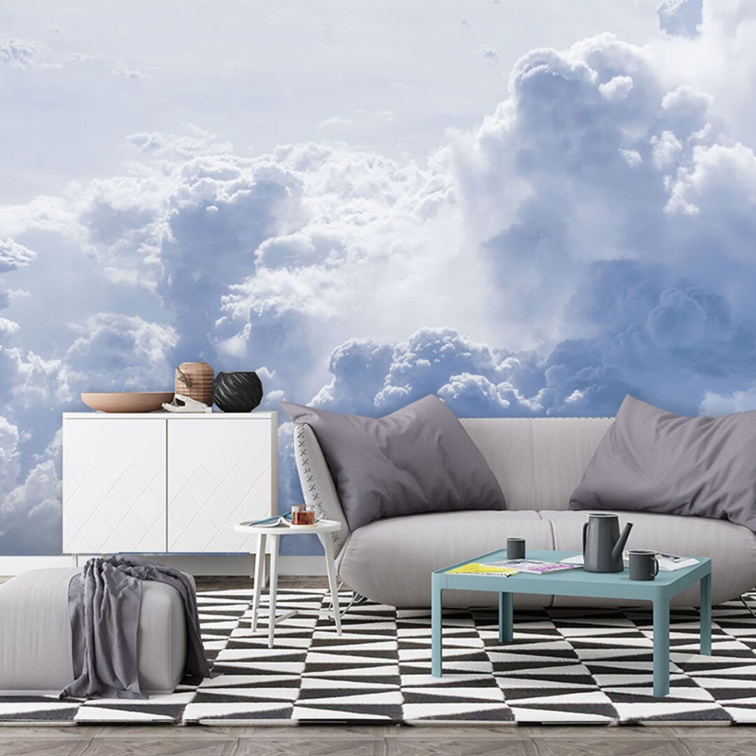 Blue Clouds Cloudy Wallpaper Wall Mural Wall Decor - Etsy