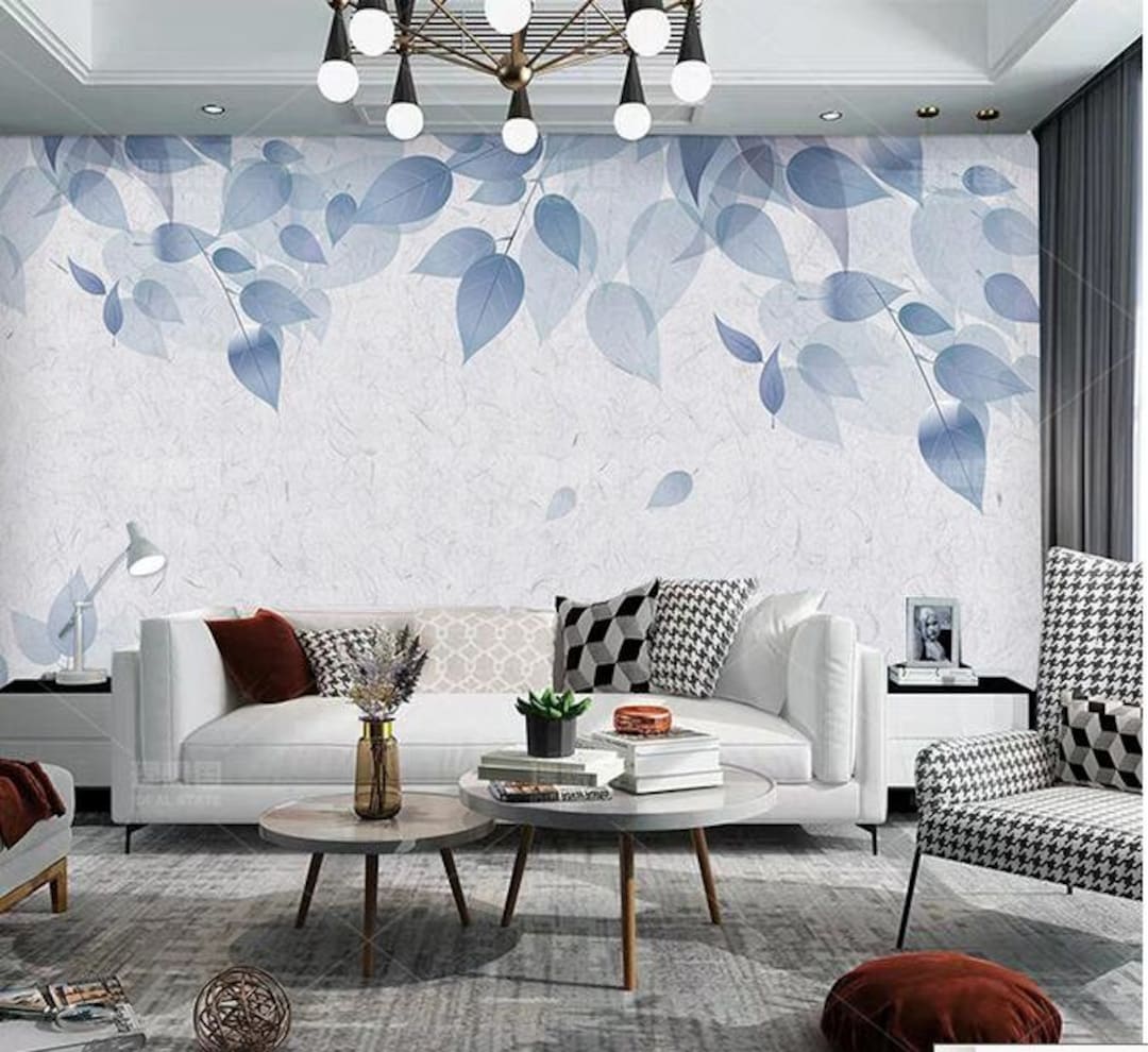 Watercolor Blue Leaves Wallpaper Wall Mural Simple Blue - Etsy