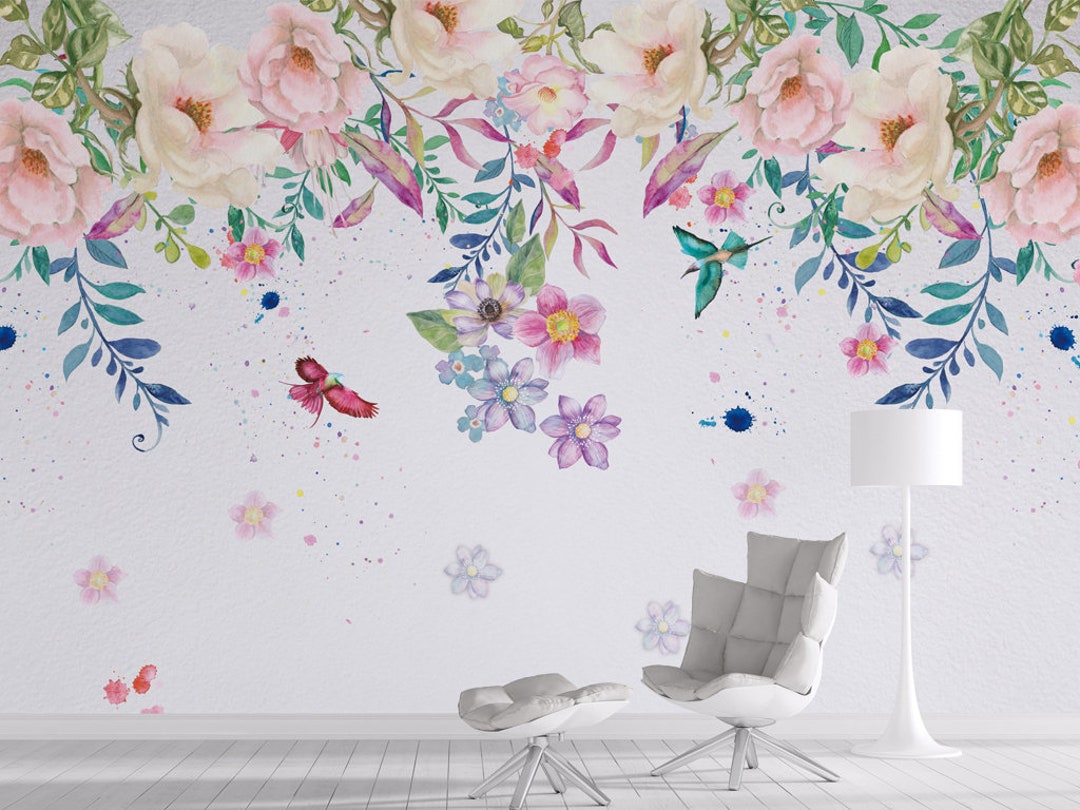 Watercolor Hanging Flowers Floral Wallpaper Wall Mural, Colorful ...