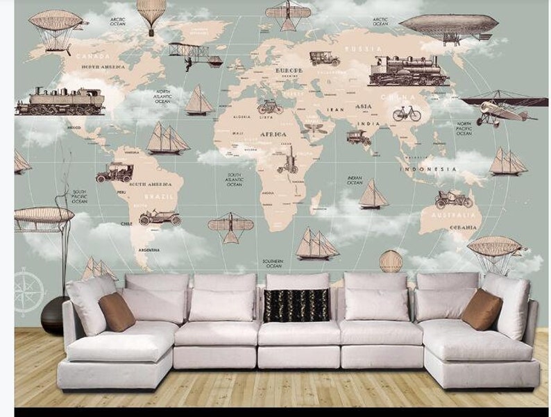 Hand Painted World Map Nursery Wallpaper Wall Mural World Map | Etsy