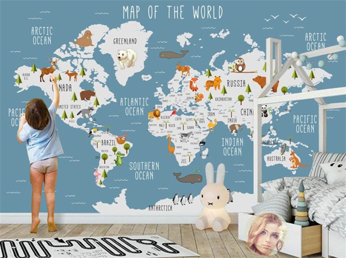 Kids World Map Wallpaper Wall Murals Animals Kids Children - Etsy