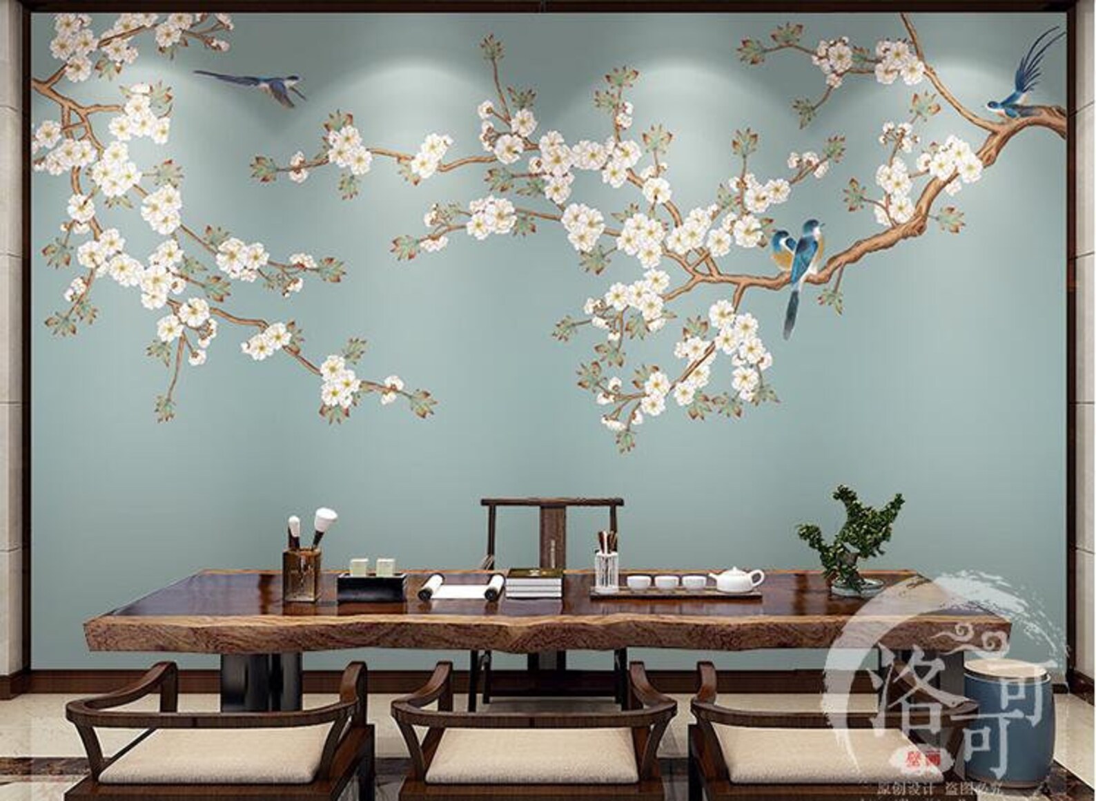 Fine Brushwork Chinoiserie Cherry Tree Wallpaper Wall Mural | Etsy