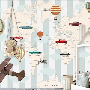Lovely Cartoon World Map Nursery Wallpaper Wall Mural, World Map With ...