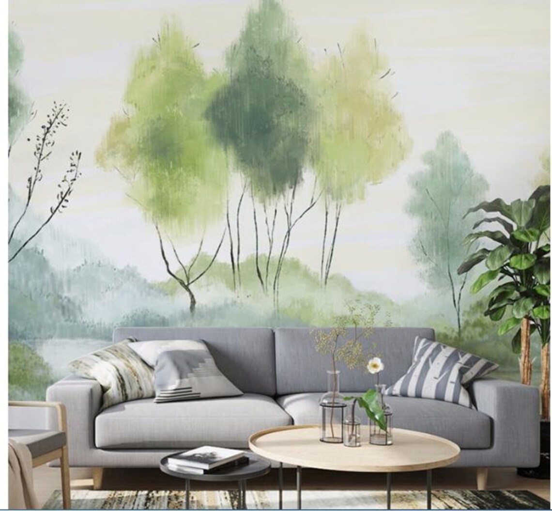 Oil Painting Green Trees Wallpaper Wall Murals Abstract Trees - Etsy