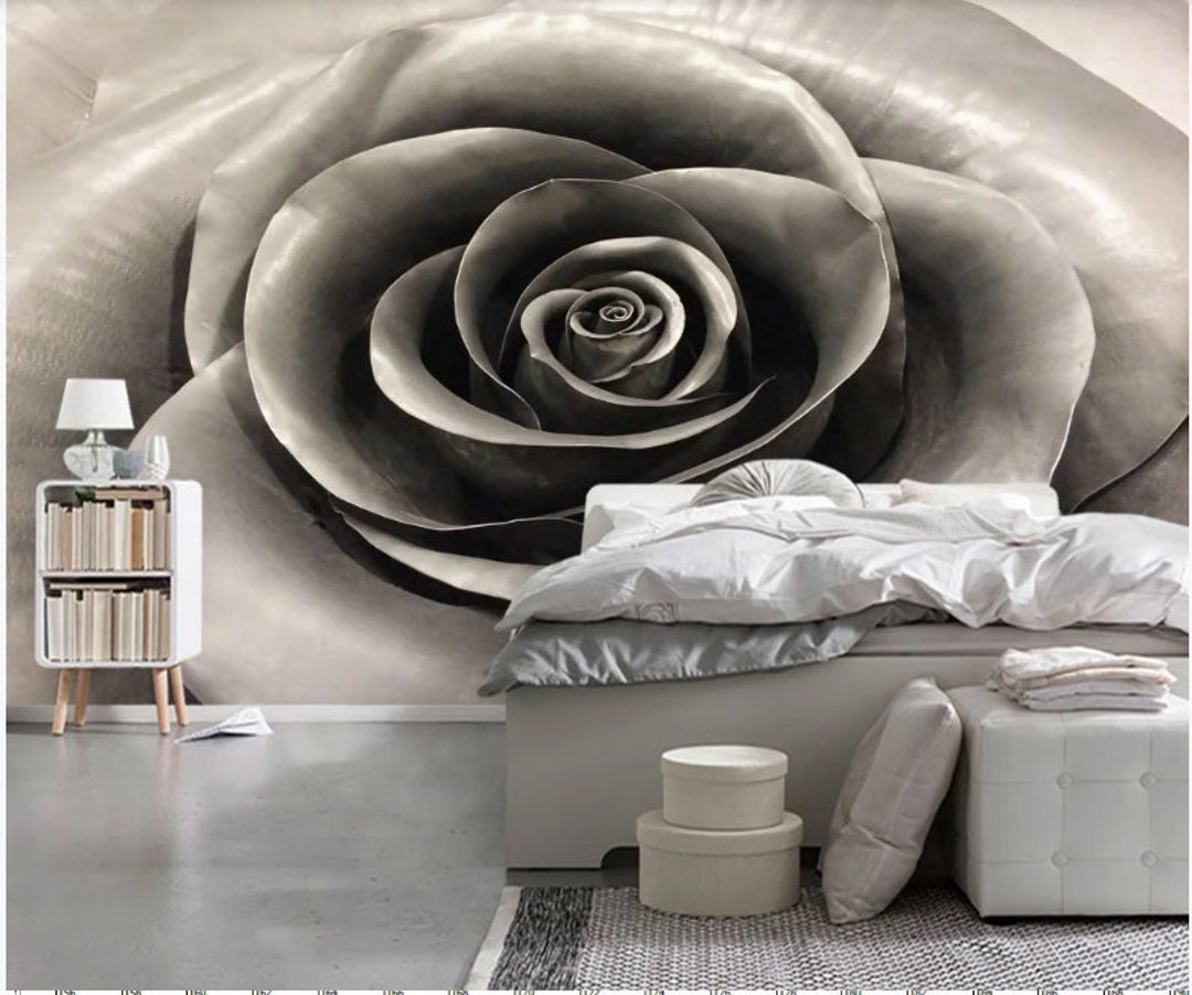 Grey Big Rose Floral Wallpaper Wall Mural, One Giant Rose Flower Wall ...