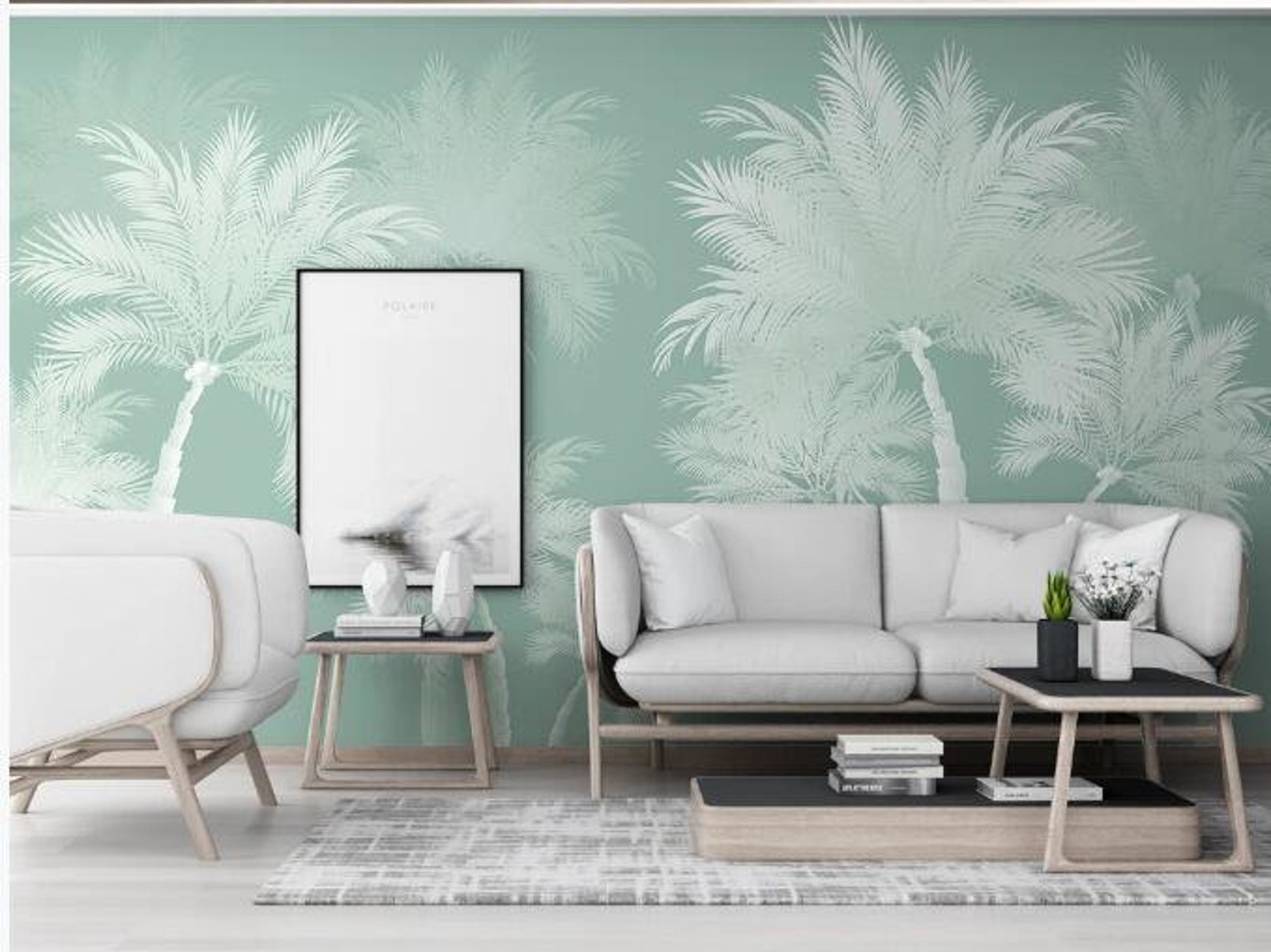 Mint Green Background Tropical Coconut Trees Wallpaper Wall - Etsy