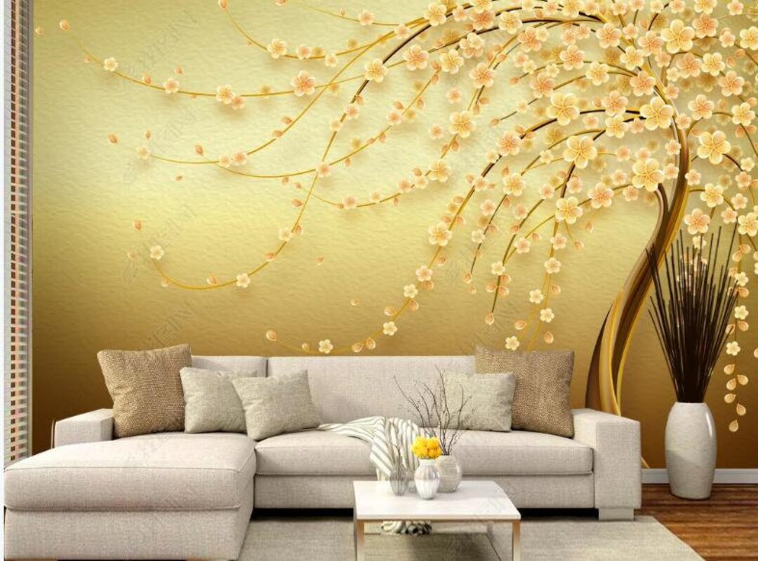 Simple Modern 3D Tree Branches With Leaves Wallpaper Wall Mural, Silver ...