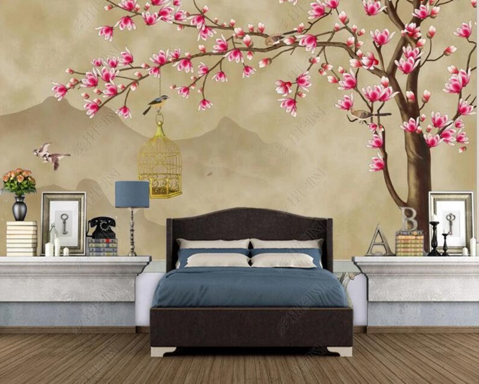 Fine Brushwork One Large Magnolia Flowers Tree Chinoiserie Wallpaper ...