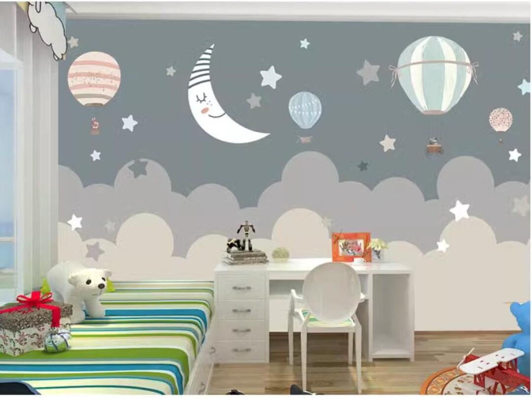 Starry Sky Moon Wallpaper: Cartoon Clouds, Stars Kids Room Wall Mural ...