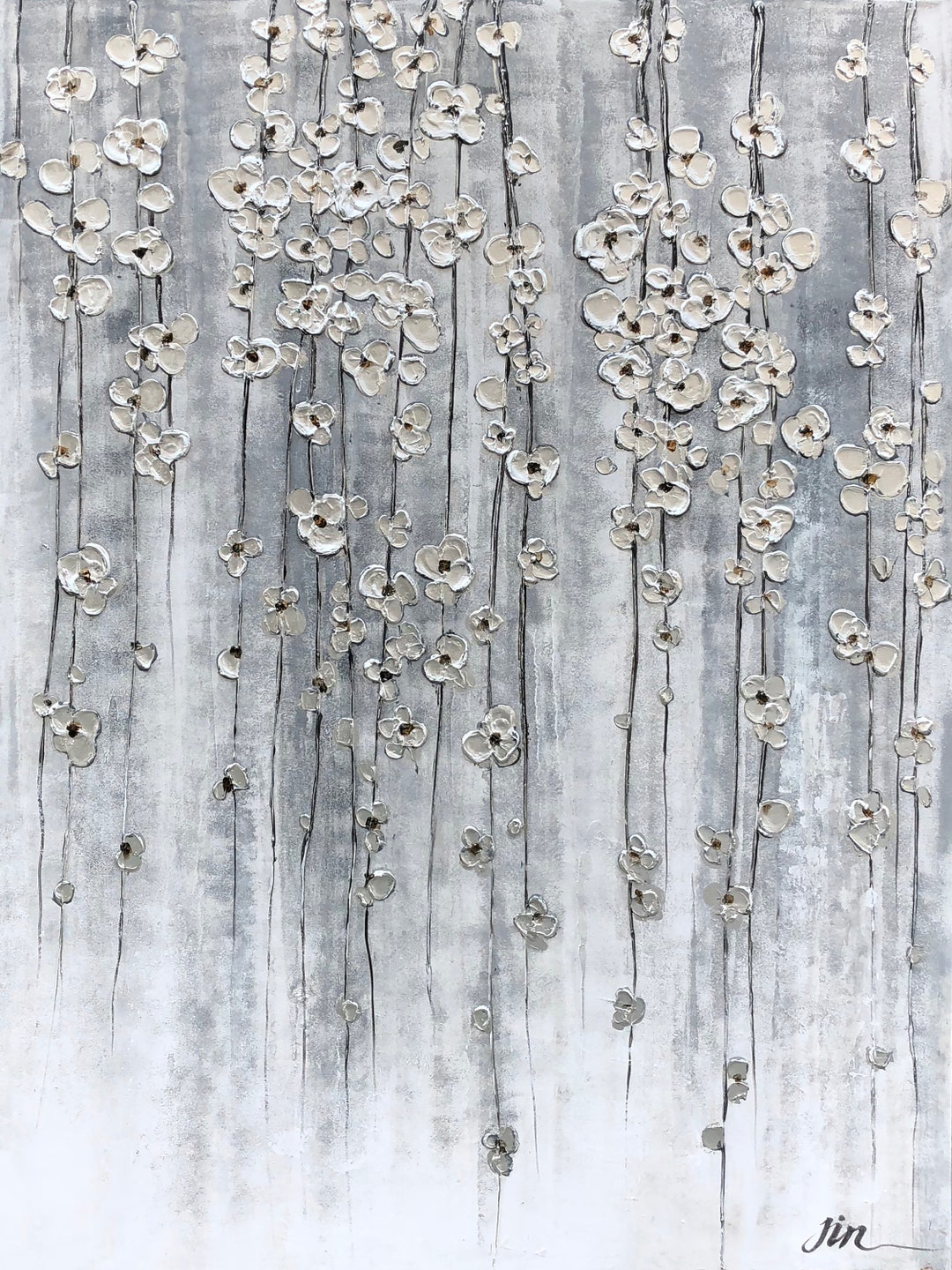 Hand-painted Abstract Floral Oil Painting: Ethereal Silver Blossoms ...
