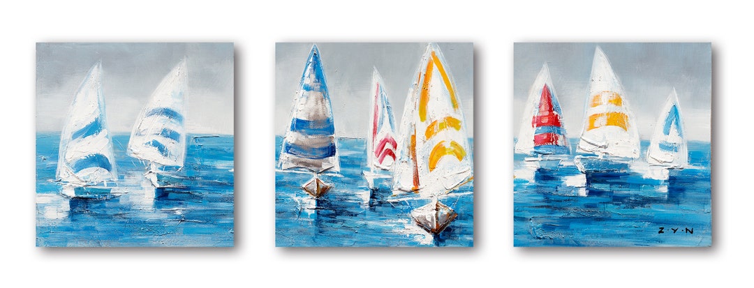 Sailing Colors – Nautical Sailboat Triptych Painting on Canvas, Coastal ...