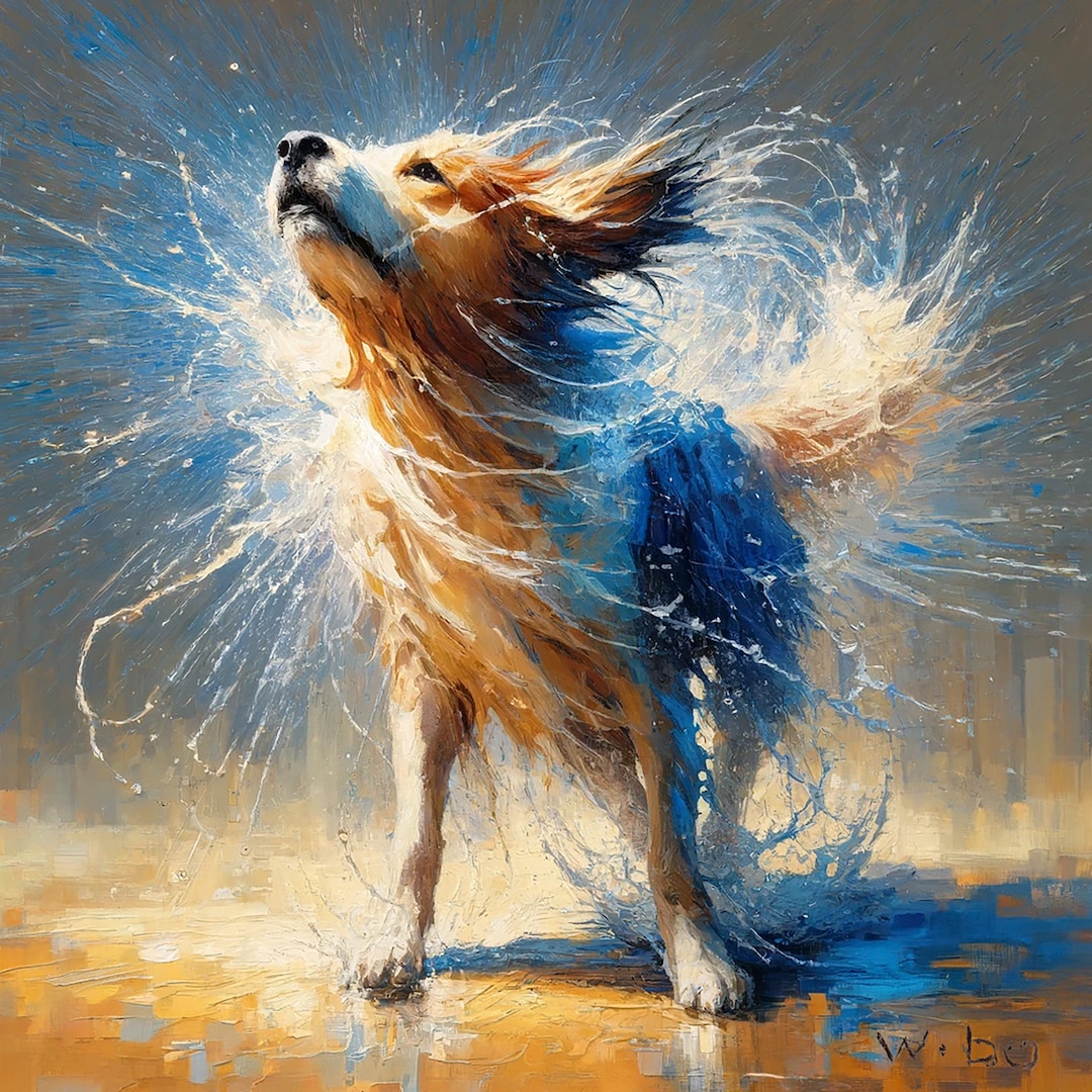 Joyous Splash: Captivating Dog Shaking off Water, Textured Oil Painting ...
