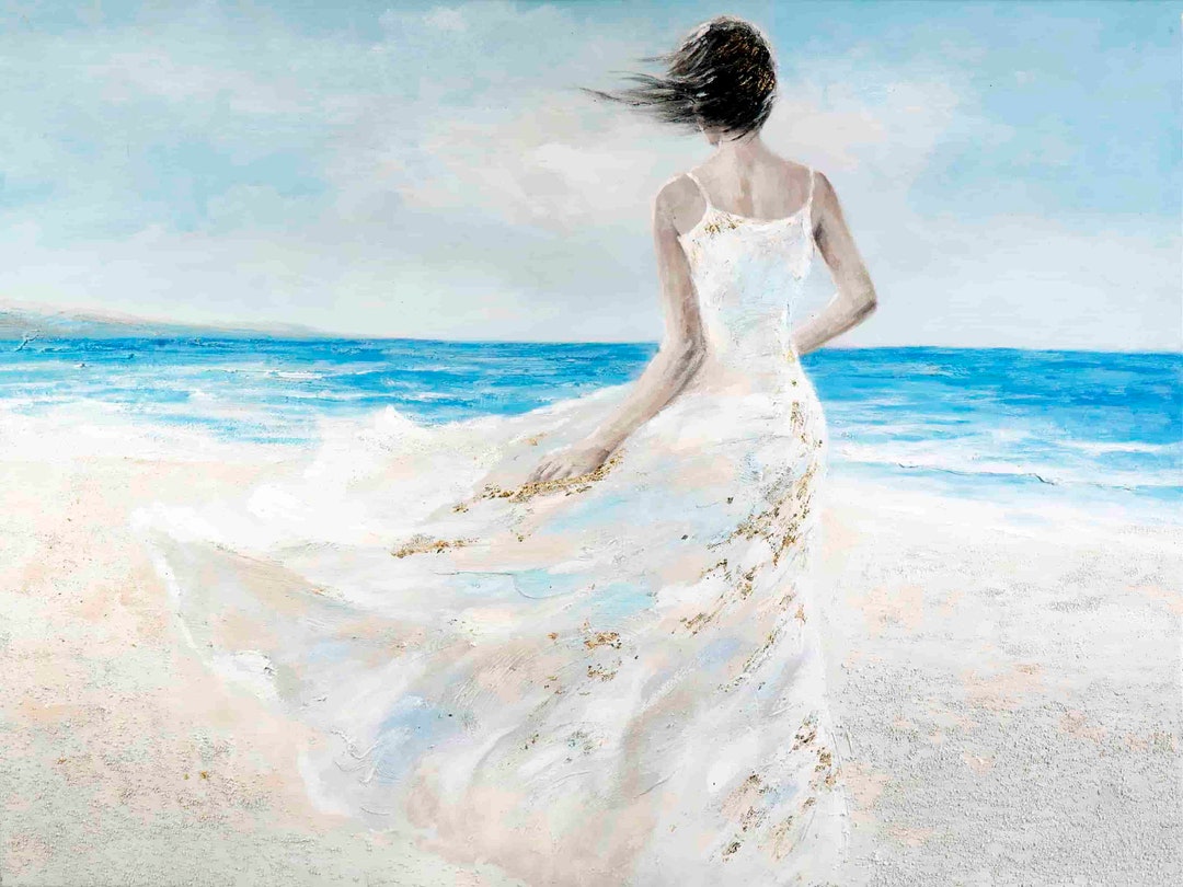 Girl in White Dress Oil Painting: Beach Wrapped Canvas Wall Art - Etsy