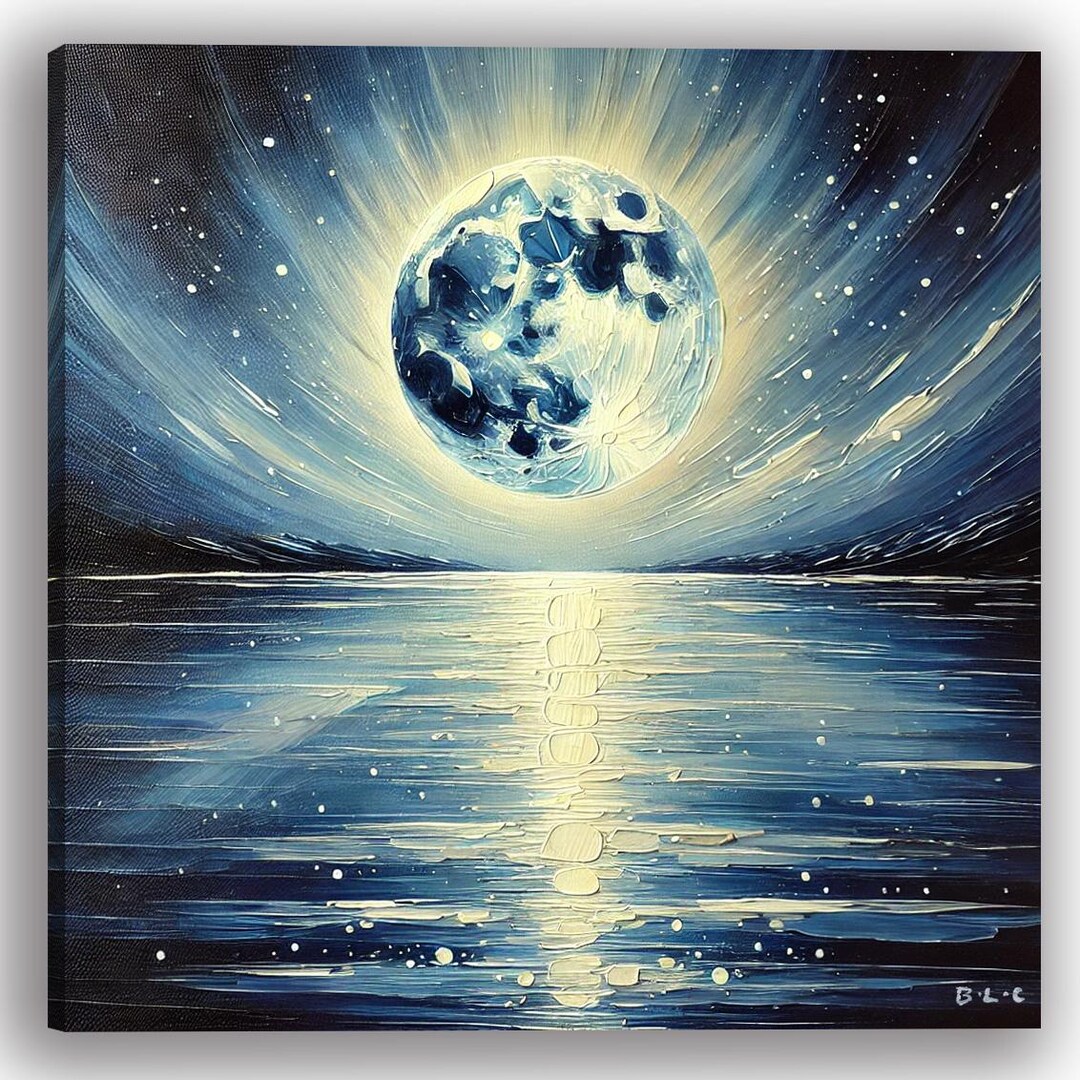 Lunar Radiance: Origianl Hand-painted Moonlight Reflection on Water ...