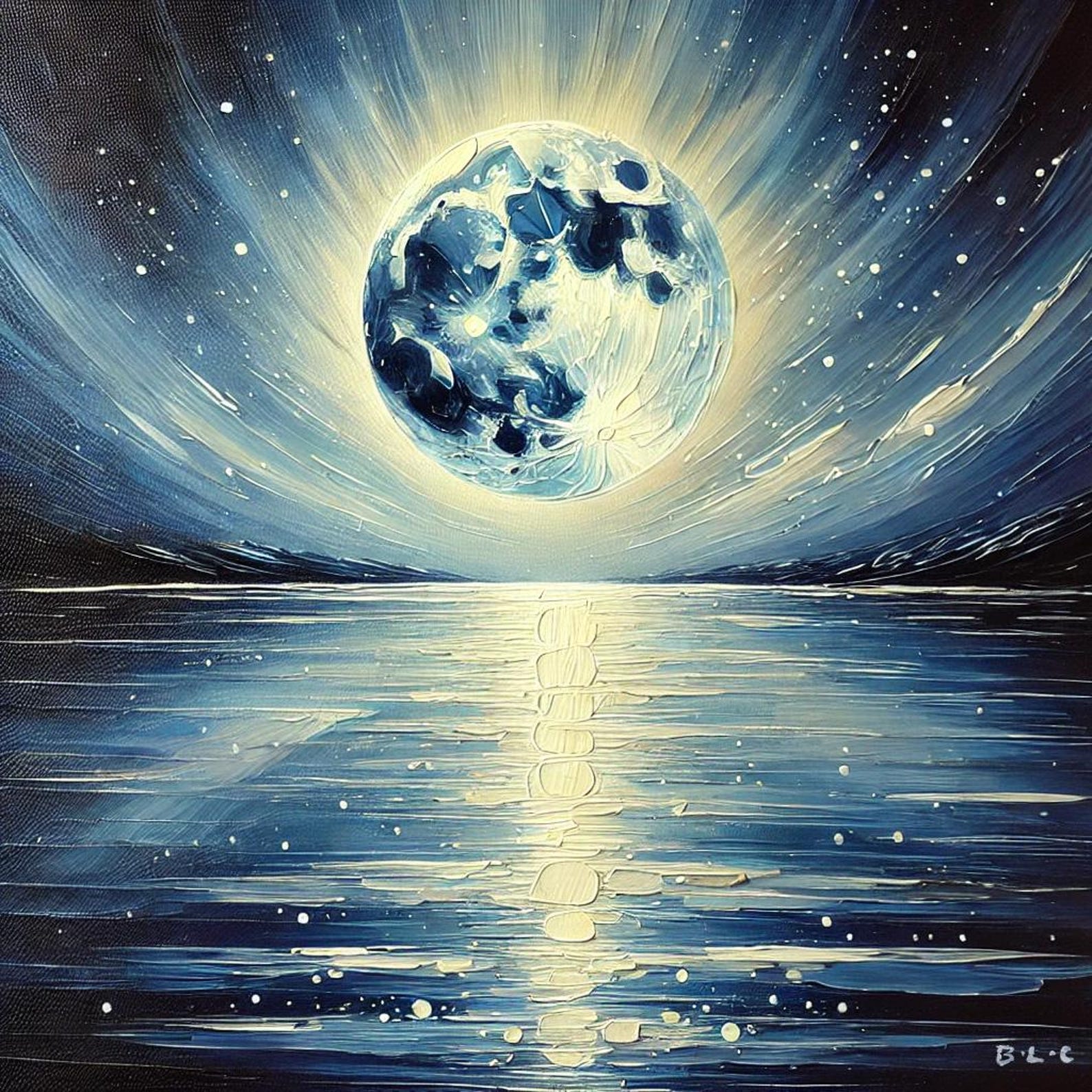 Lunar Radiance: Origianl Hand-painted Moonlight Reflection on Water ...