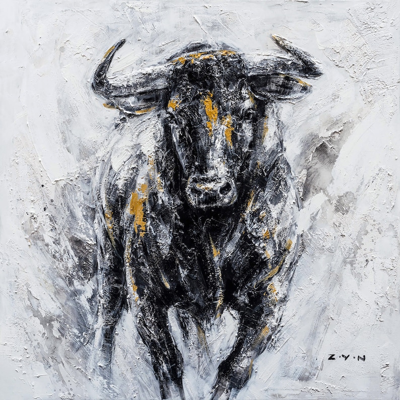Hand-painted "running Bull" Oil Painting: Textured Canvas Wall Art - Etsy