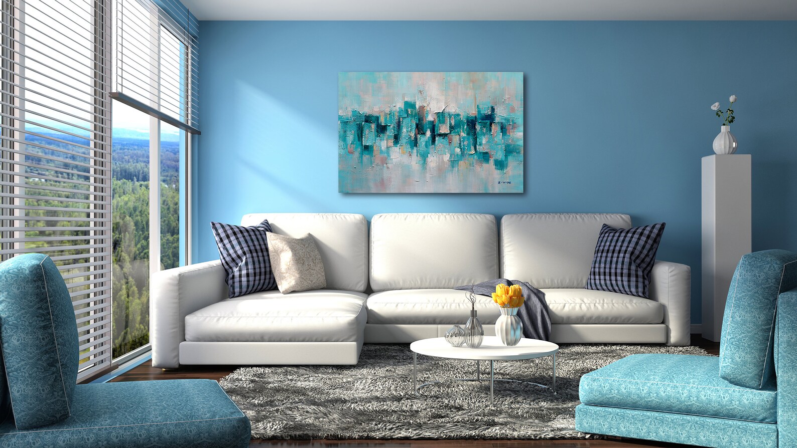 Hand Painted Art "abstract Turquoise City" Oil Painting Artwork ...