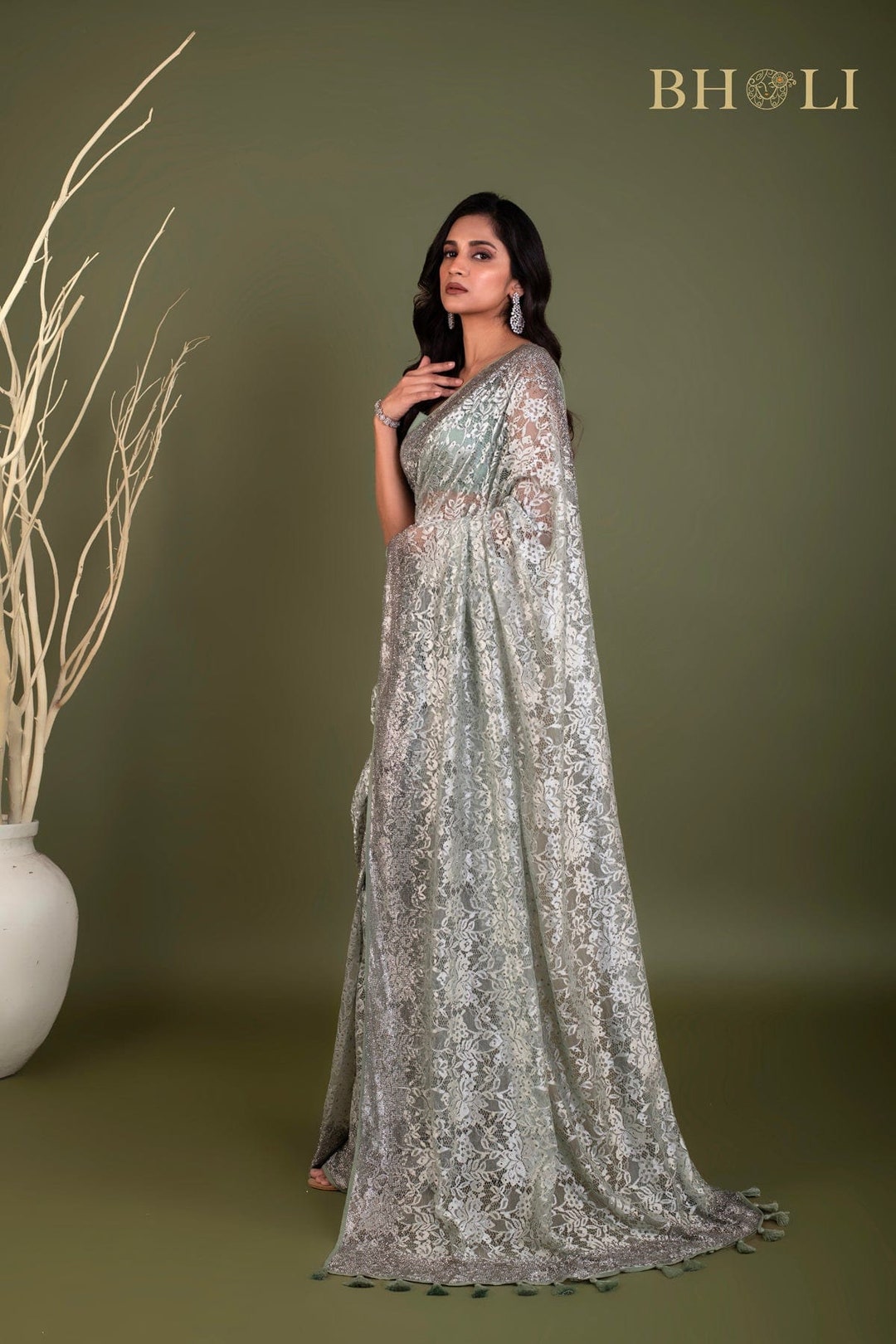 Sage Green Soft and Flowy High Quality Lace Saree With Stone Work - Etsy