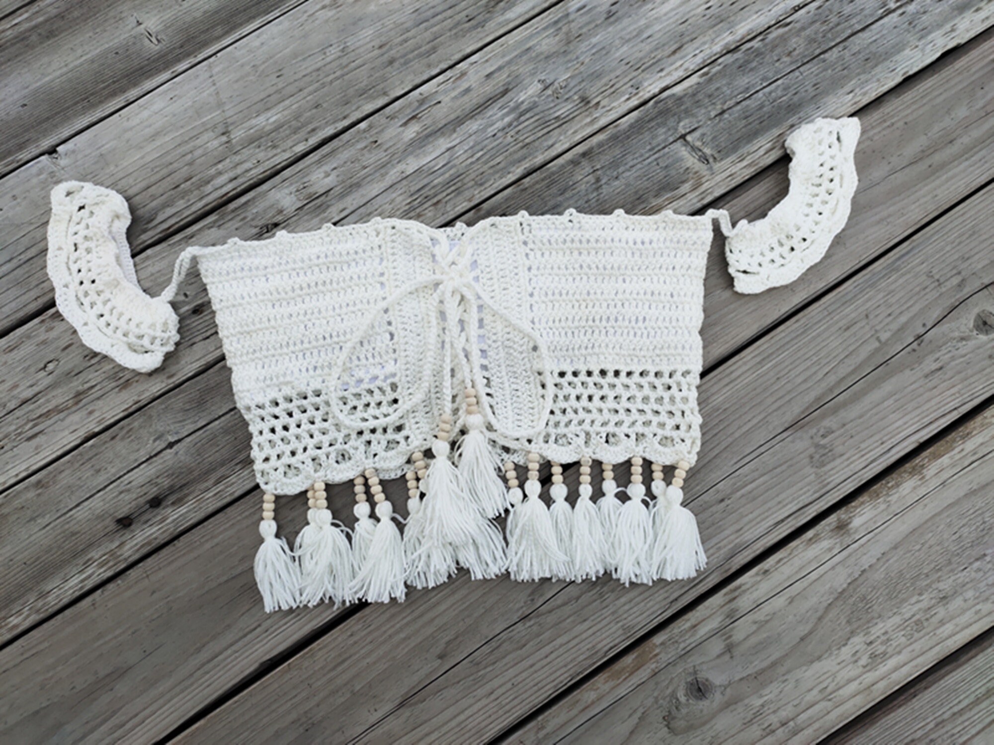 Hand Crochet Bikini Top Sexy Boho Swimwear Top Beach Tassel Etsy