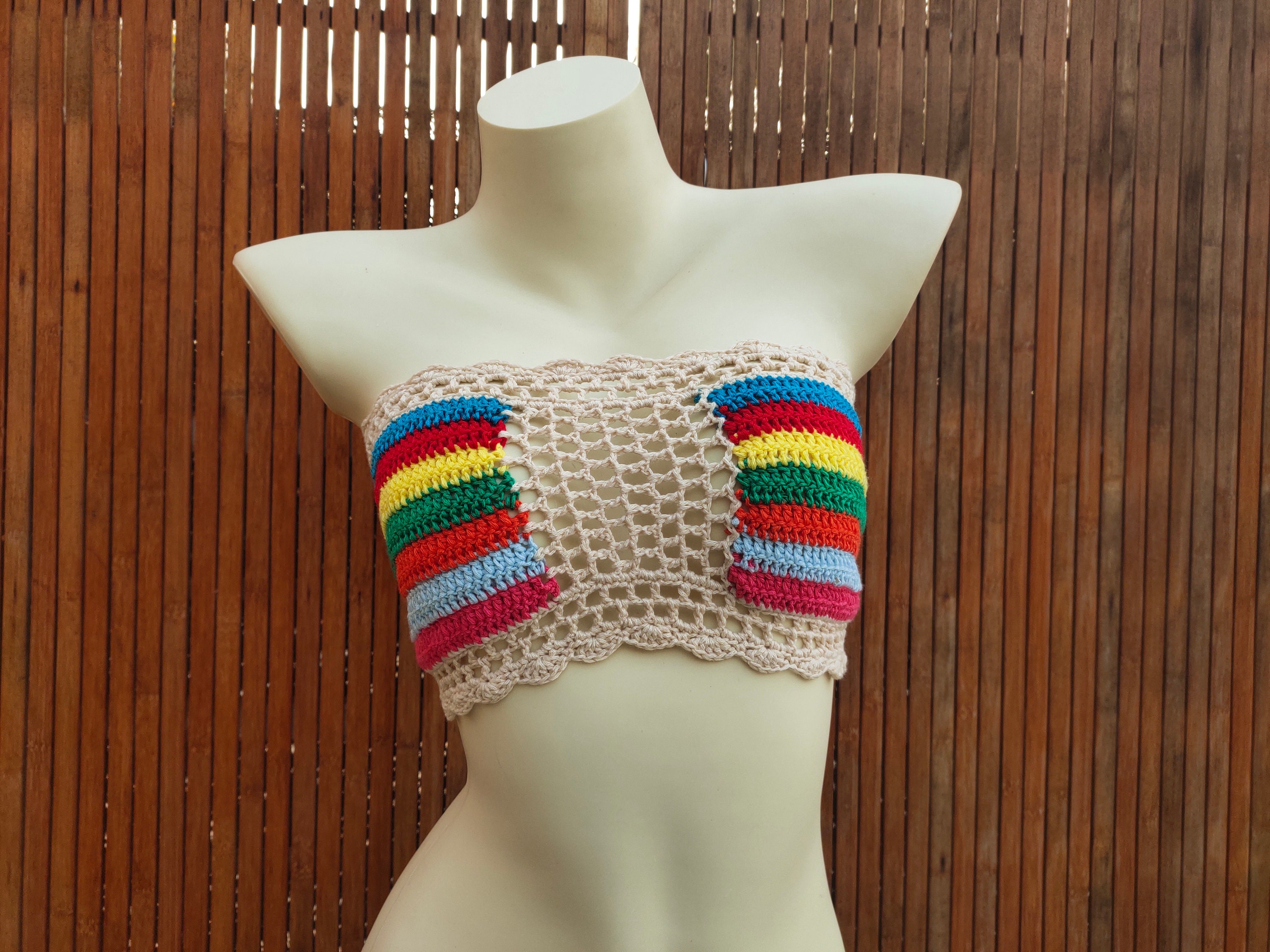 Hand Crochet Rasta Tube Top Bikini Set Beach Stripe Swimwear Etsy