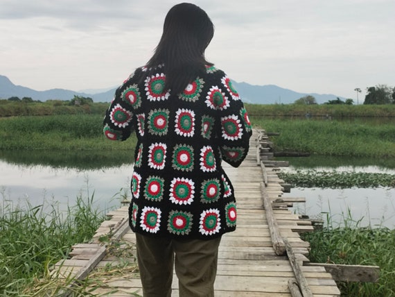 Handmade Crocheted Floral Jacket Coat Grandma checkered Coat | Etsy