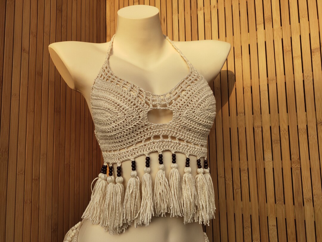 Hand Crochet Bikini Top Sexy Boho Tassel Crop Top Swimwear Top Etsy