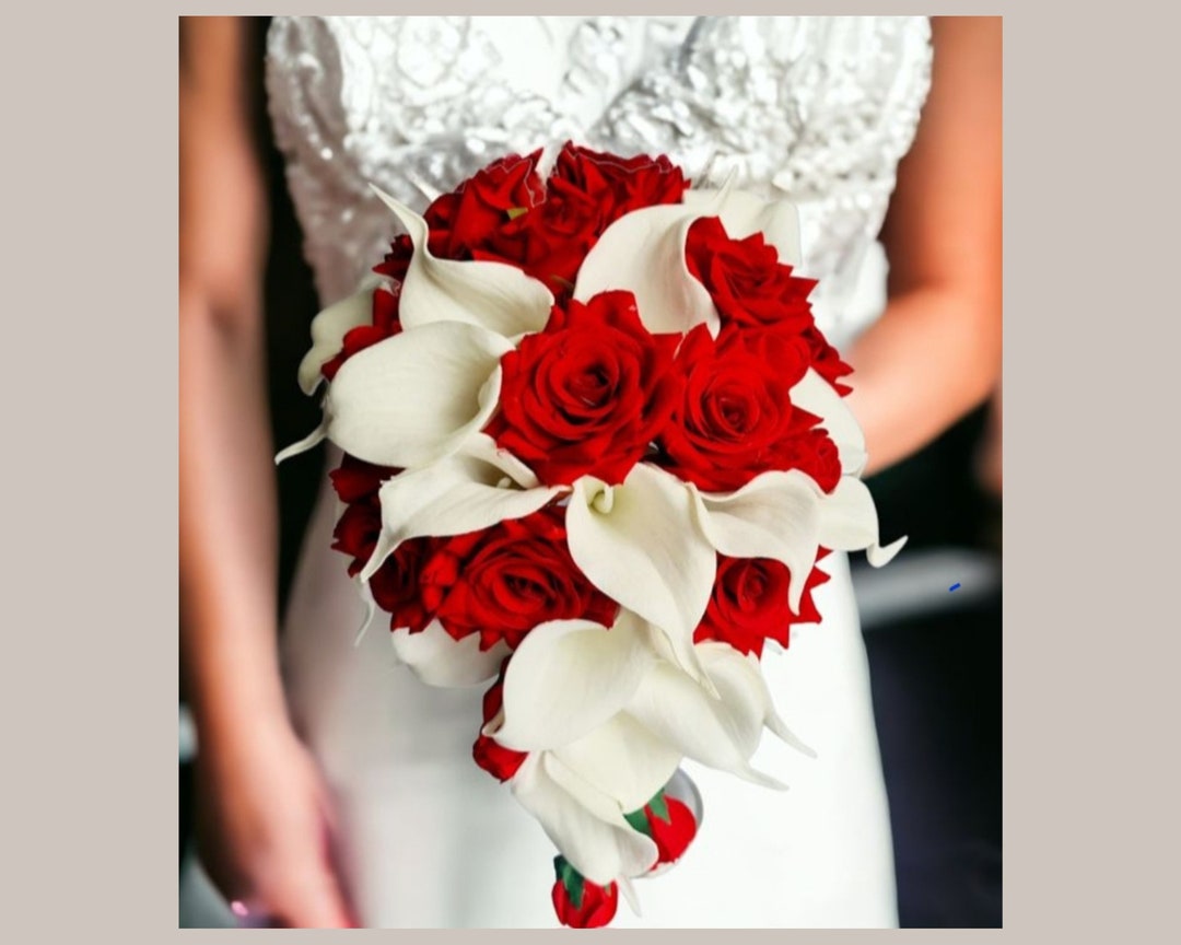 Wedding Flowers Bridal Ivory Calla Lily & Red Rose - Waterfall Teardrop ...