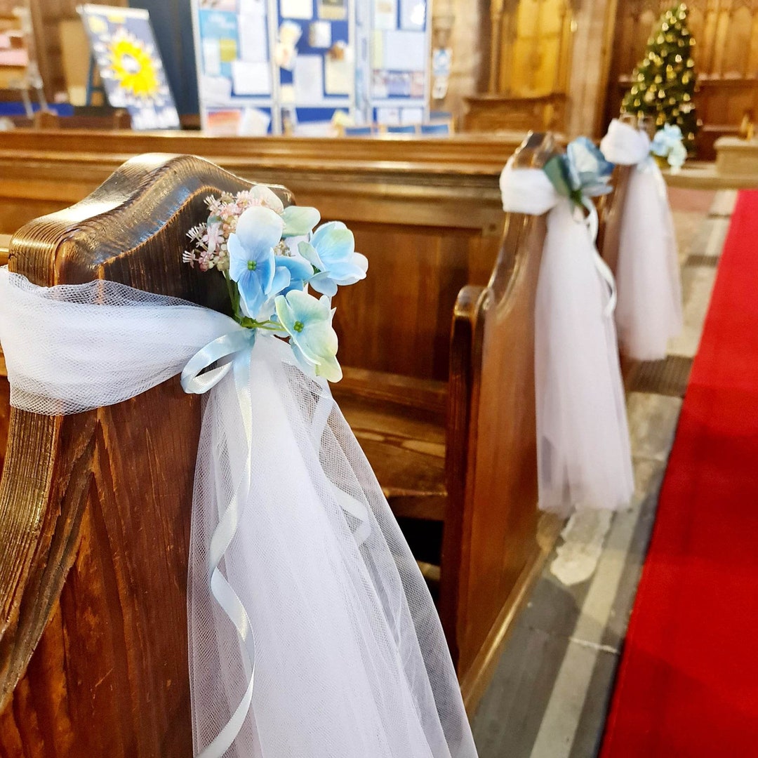 6 X Pew Decoration for Wedding, Hydrangea and Rose Blue Pew Ends, Bows ...