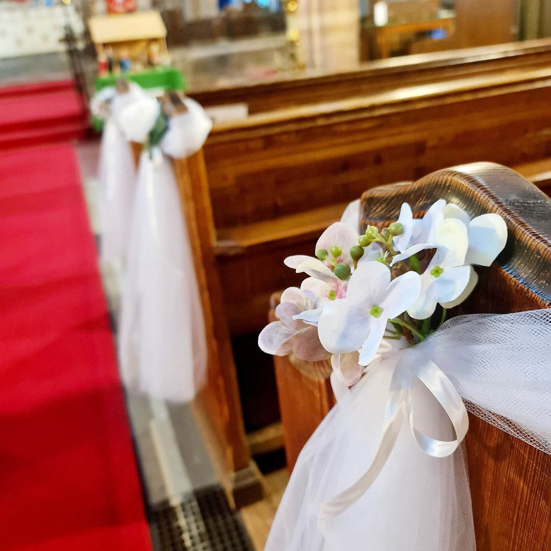 6 X Pew Decoration for Wedding, Hydrangea and Rose Ivory Pew Ends, Bows ...