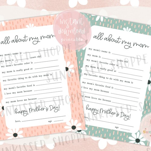 Mother's Day Printable All About My Mom Mother's Day - Etsy
