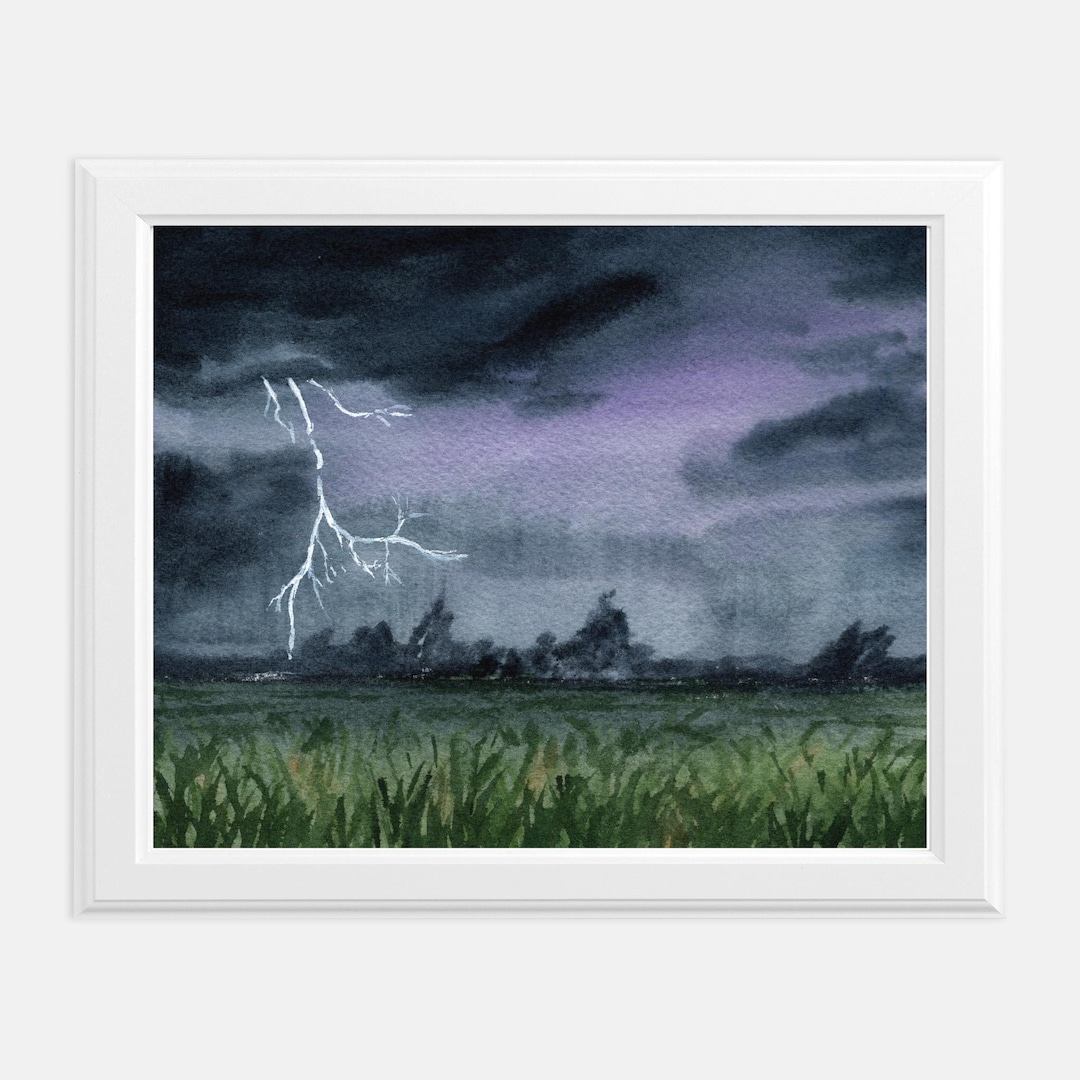 Watercolor Thunderstorm and Lightning Strike Art Print | Stormy Sky ...