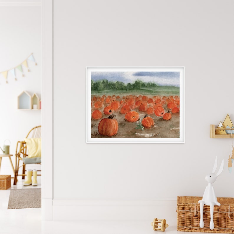 Watercolor Pumpkin Patch Wall Art | Fall Pumpkin Landscape Painting ...