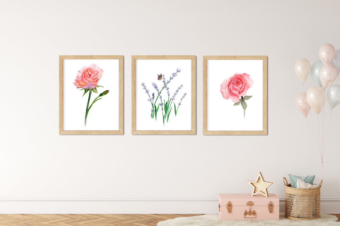 Red Watercolor English Rose Art Print Set | Floral Art Print | Vintage ...