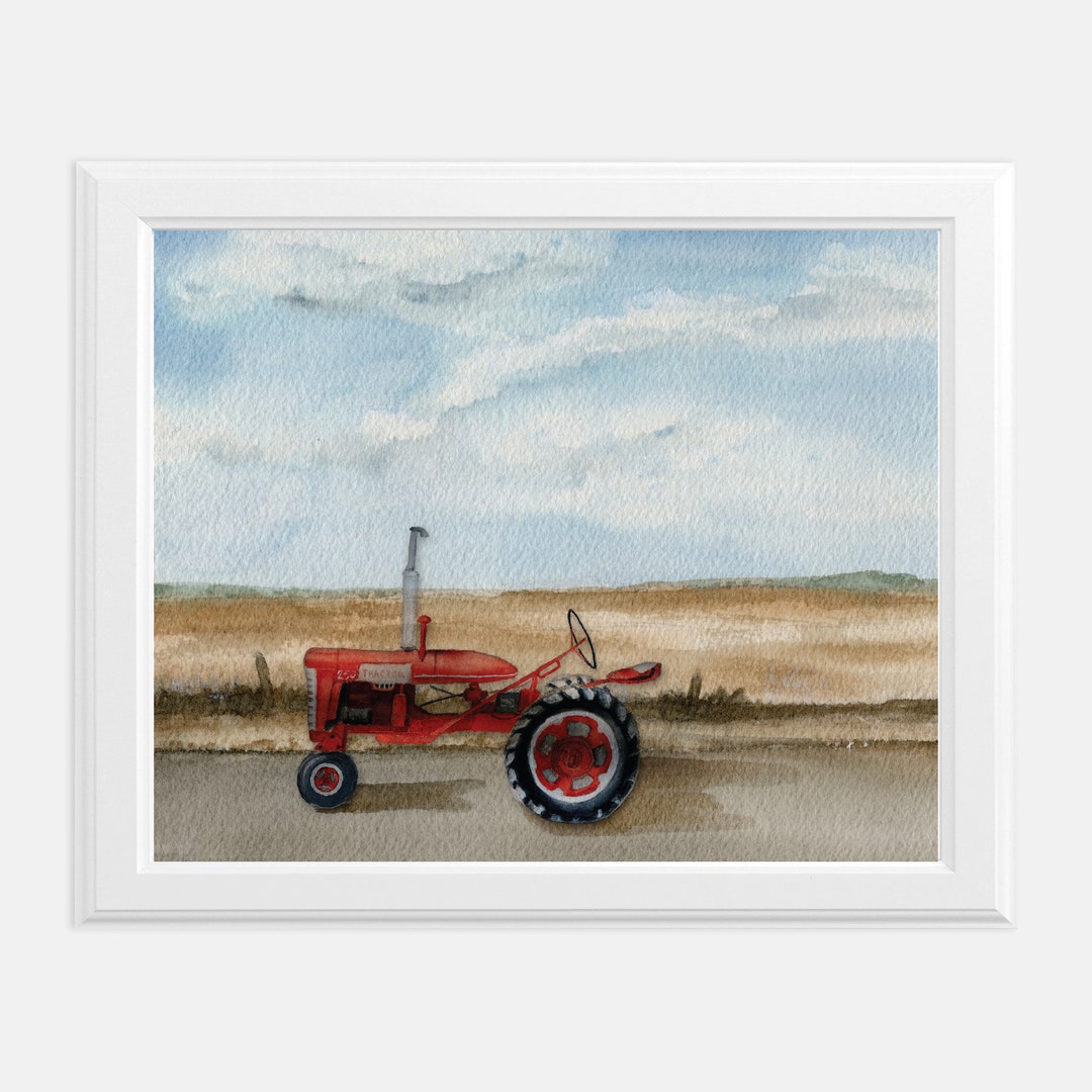 Vintage Watercolor Tractor Wall Art | Farm Machinery Print | Red ...