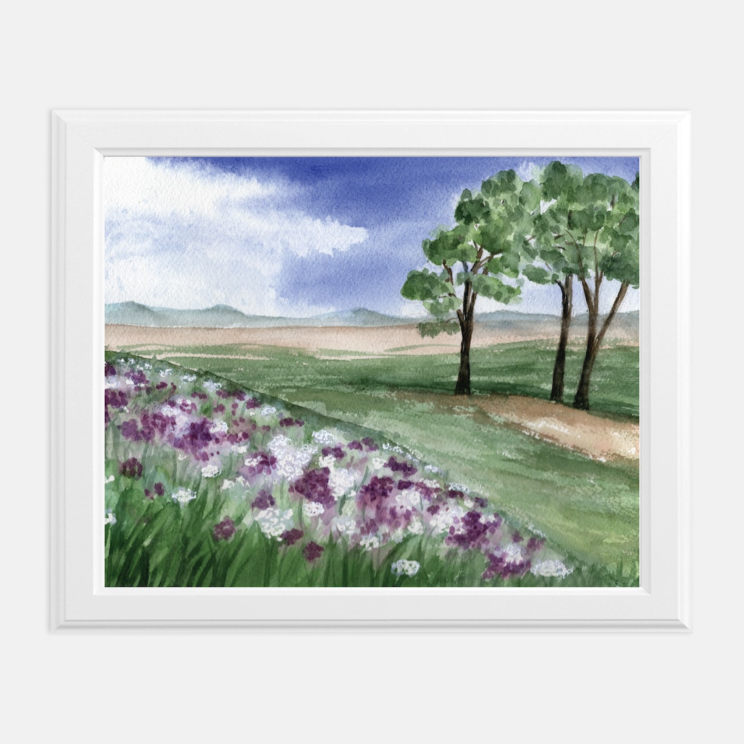 Watercolor Flower Field Spring Art Print | Purple and White Wildflower ...