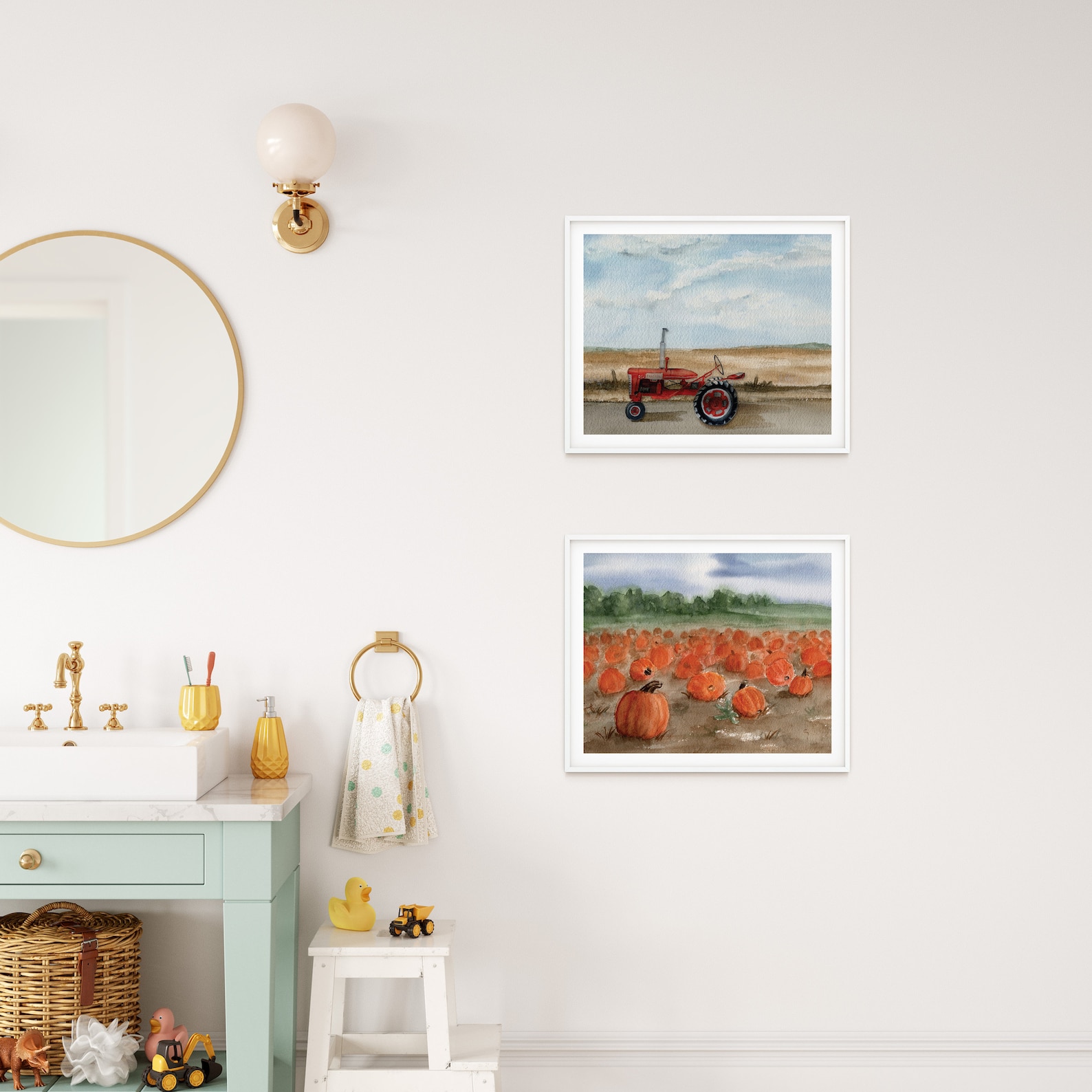Watercolor Pumpkin Patch Wall Art | Fall Pumpkin Landscape Painting ...