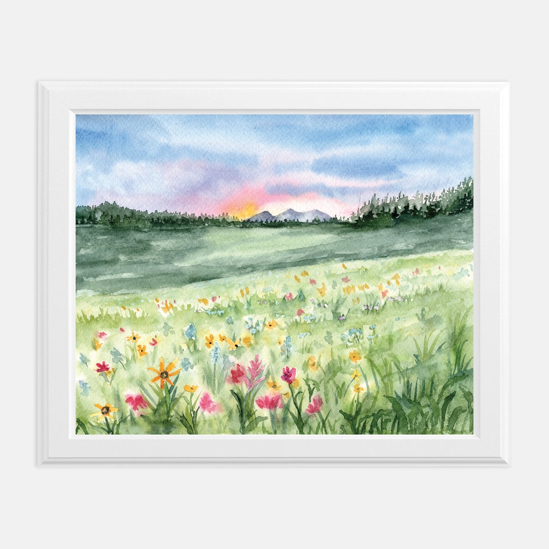 Wall Art Wildflower Field Watercolor Landscape Countryside Farmhouse ...