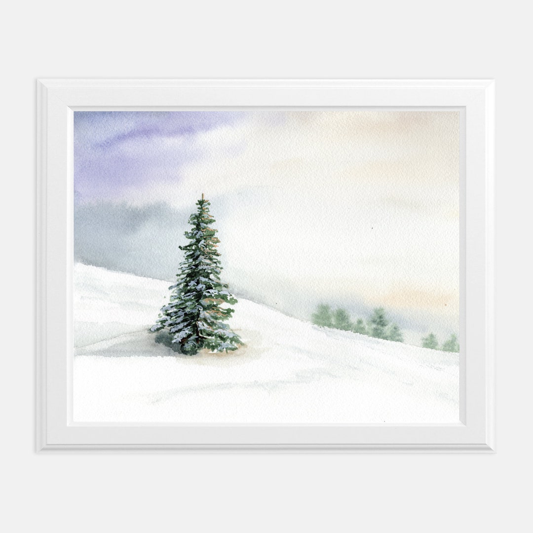 Watercolor Snowy Christmas Tree Landscape Wall Art | Forest Christmas ...
