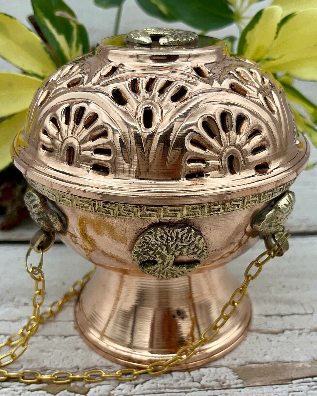 Tree of Life Tibetan Copper Incense Burner With Hanging Chains | Copper ...