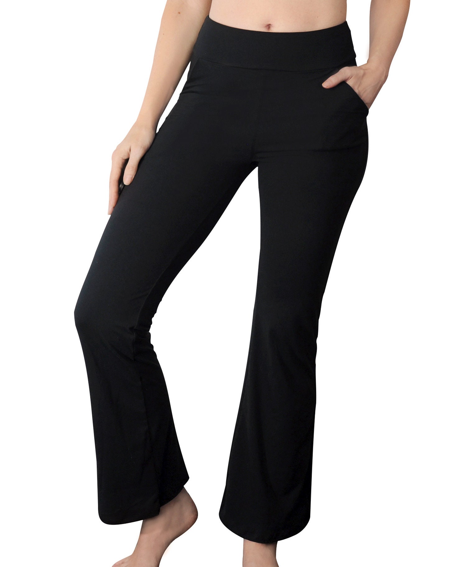 Women's Flared Leg Yoga Pants W/ Front Pockets - Solid Black Bootcut ...