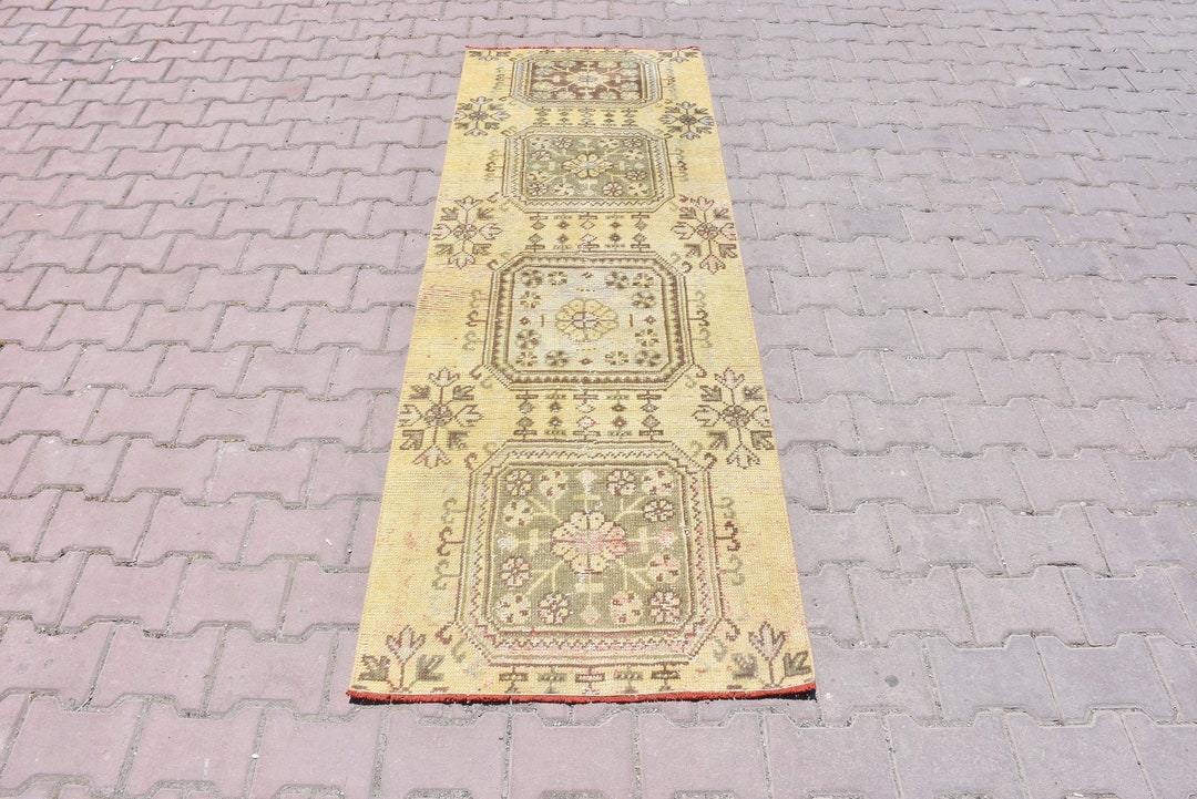 Oriental Vintage Small Yellow Rug 3x8 Ft / Woven Turkish Small Rug ...